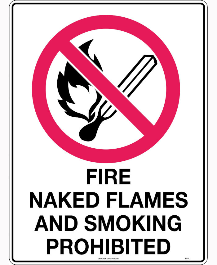 600x400mm - Poly - Fire, Naked Flame and Smoking Prohibited - Uniform ...